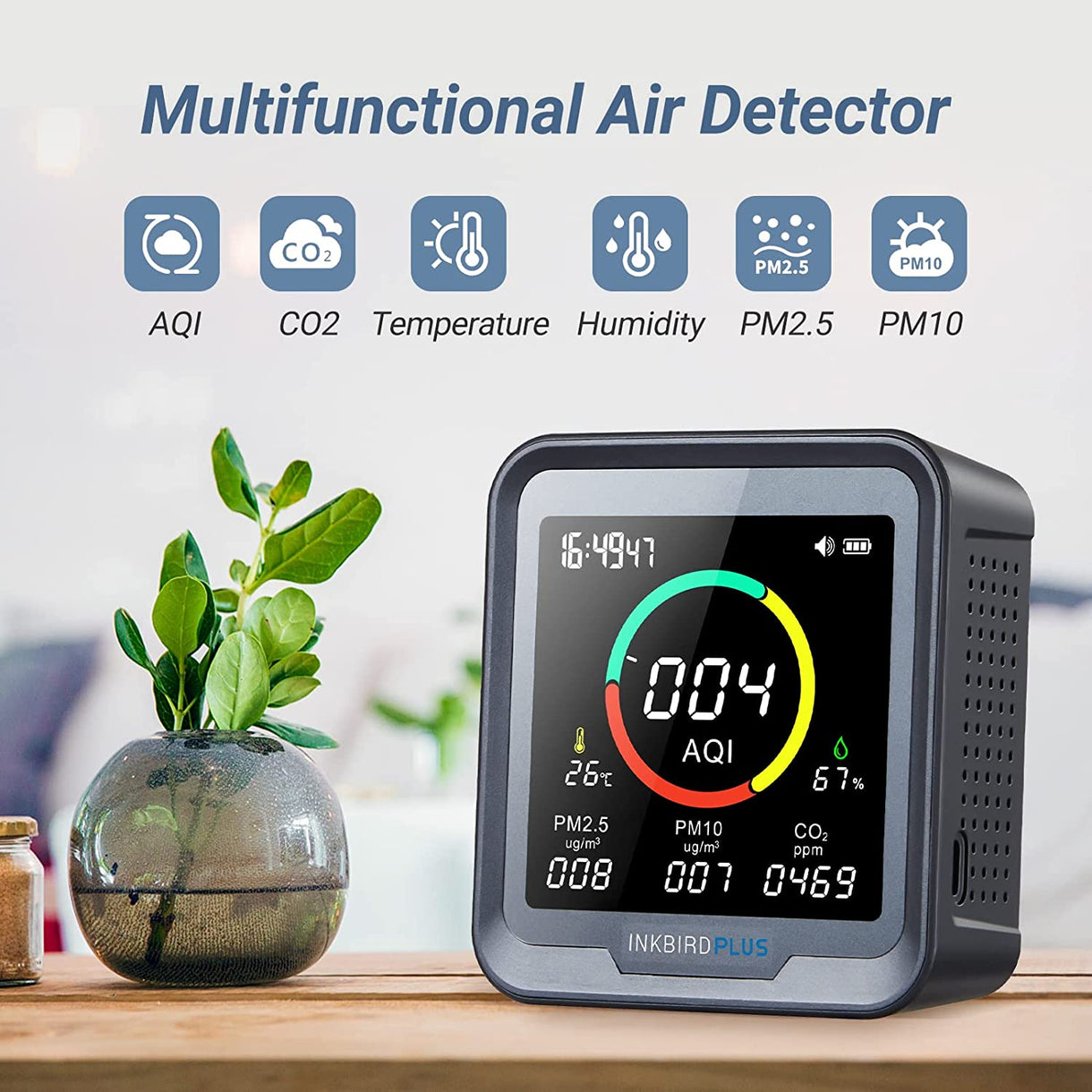 INKBIRD 6-in-1 Digital CO2 Detector Air Quality Monitor PTH-9A